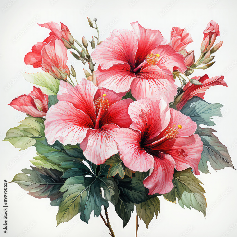 Watercolor Hawaiian bouquet of Hibiscus flowers Greenery Palm Leaves ...