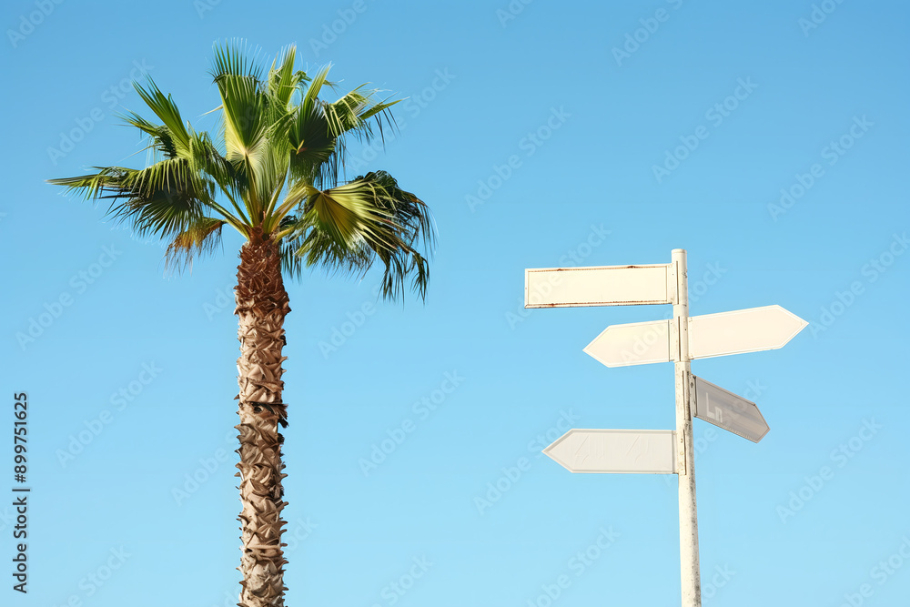 Blank white road signs with arrow pointing left right side blue sky ...
