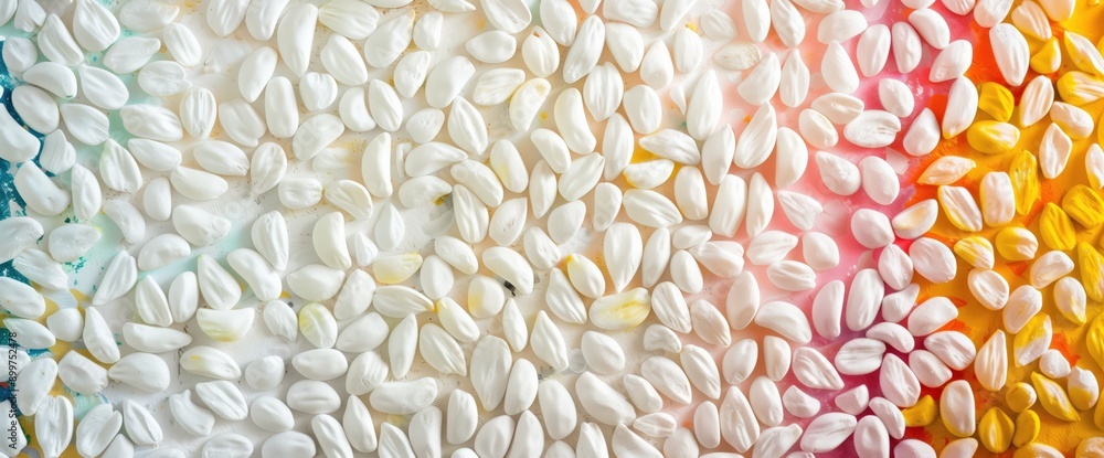 Macro close-up of colorful light airy puffed rice grains, puffed rice ...