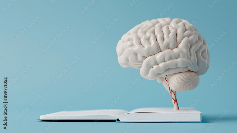A realistic human brain model is placed on an open book, floating ...