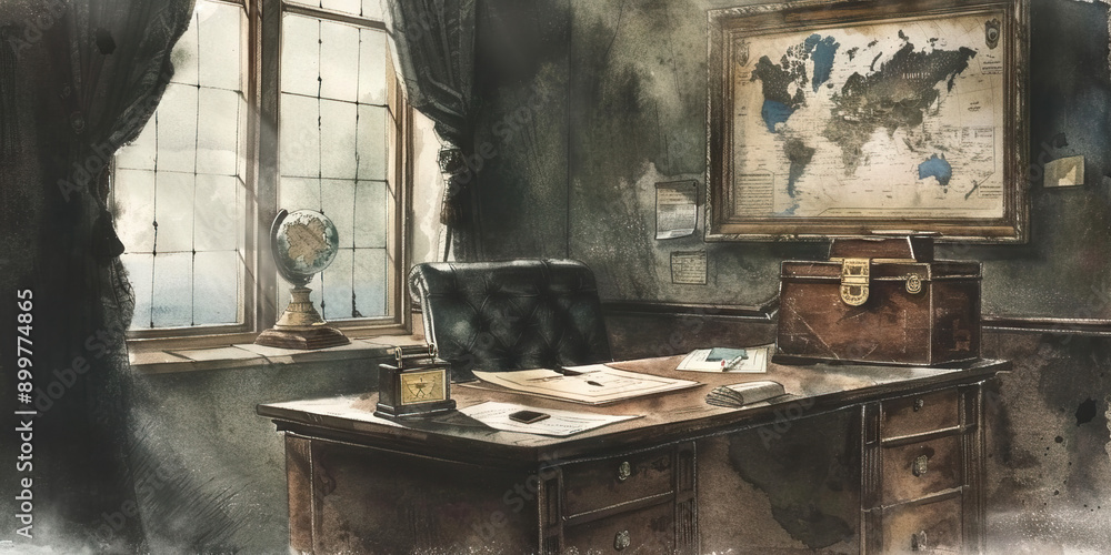 General's Command Post: A large desk with maps, awards, and a flag ...