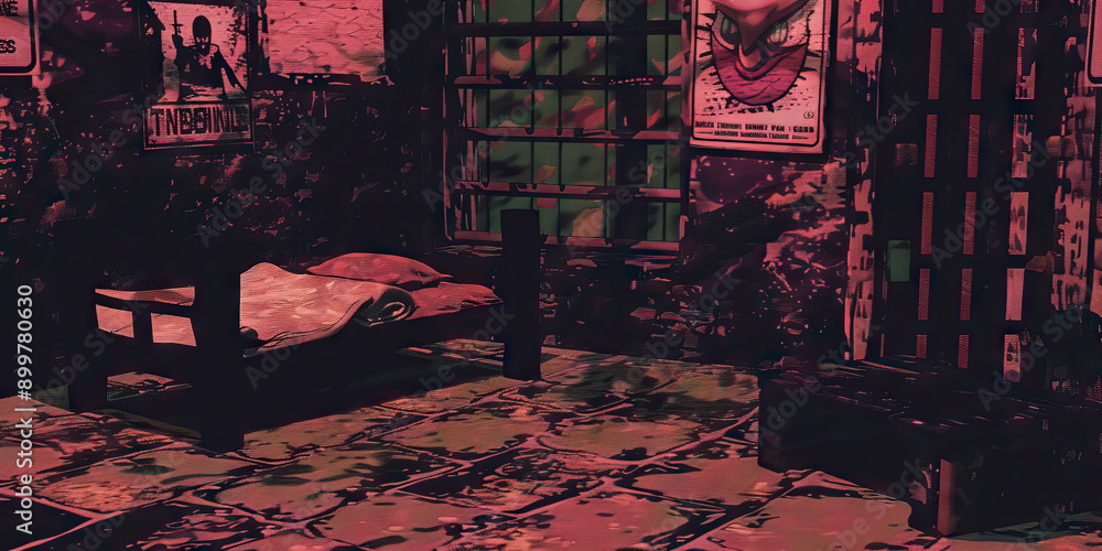 Bleak Asylum - A cramped cell, its walls covered in posters warning of ...