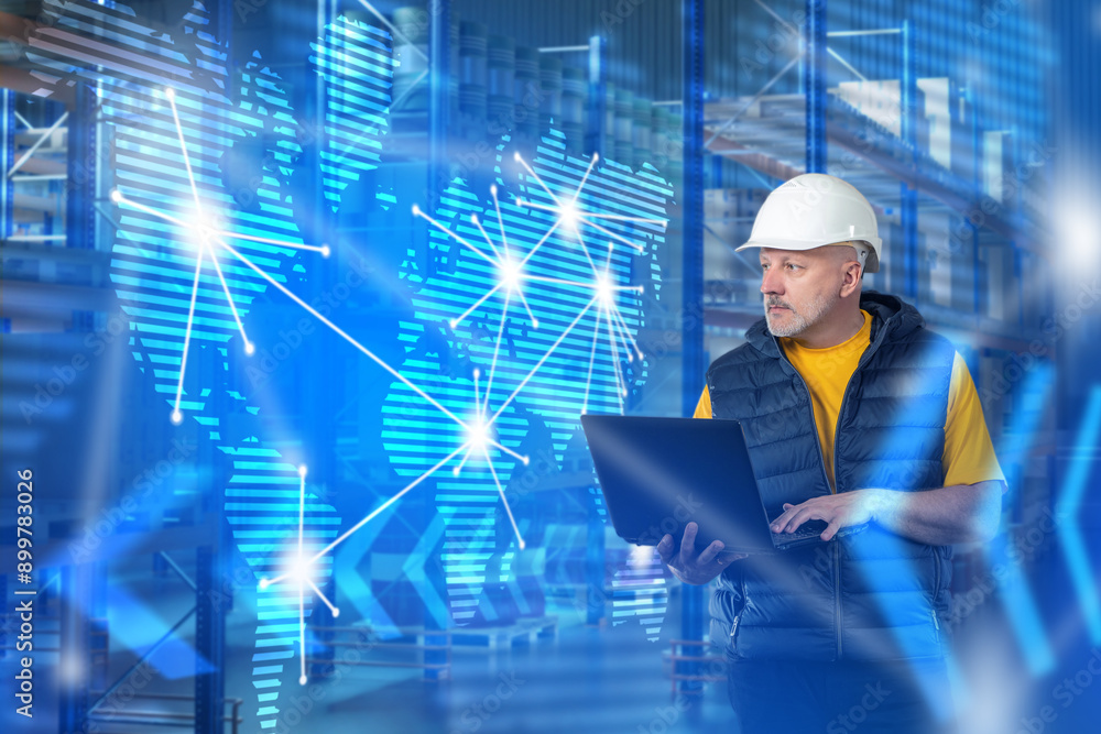 Man logistics dispatcher. Logistician with laptop stands in warehouse ...