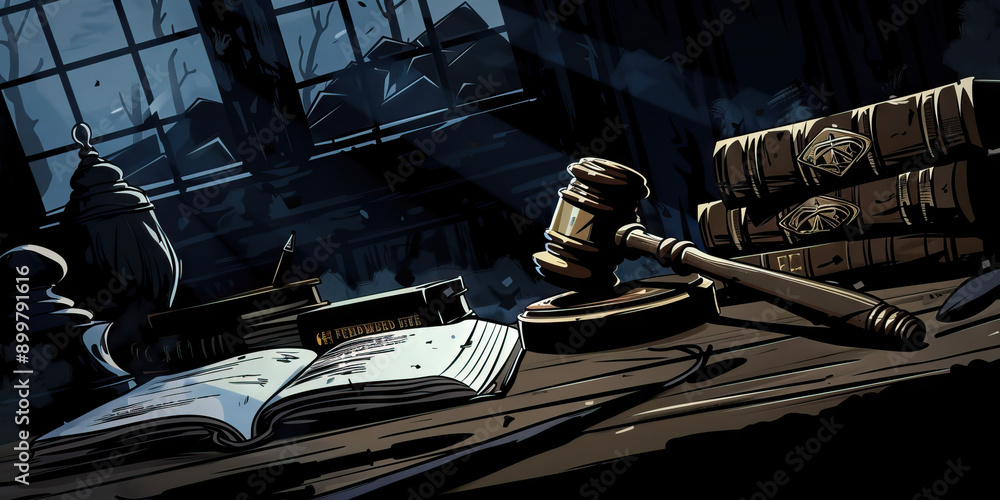 Supreme Court Justice Desk: A judge's desk with a gavel, books, and a ...