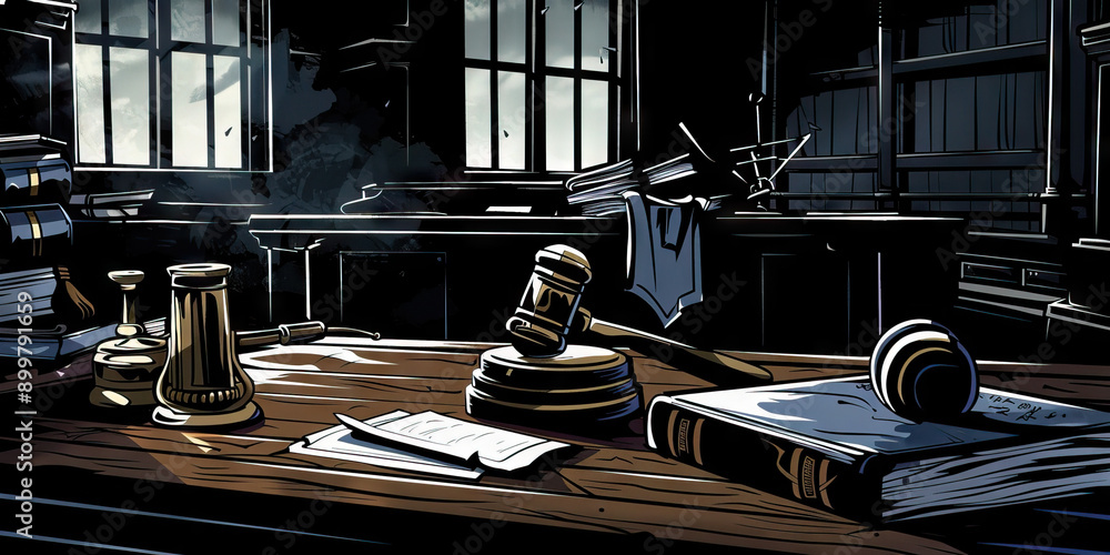 ภาพประกอบสต็อก Supreme Court Justice Desk: A judge's desk with a gavel ...