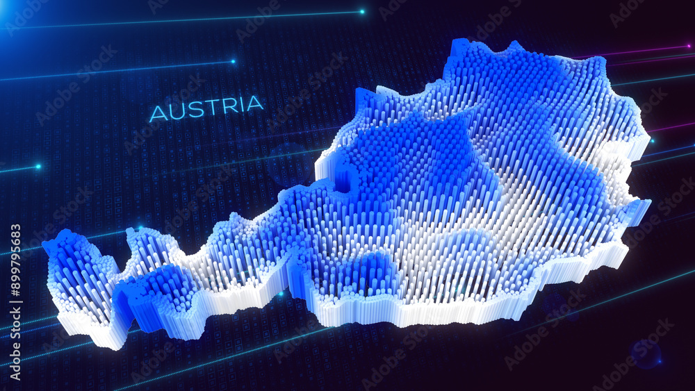 Digital 3D Perspective Dynamic Rippling Map of Austria in Blue and ...
