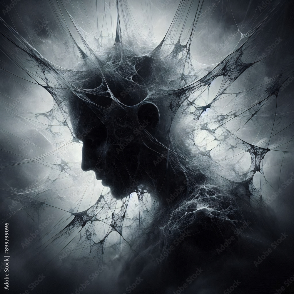 Humanoid figure covered with a sticky web, symbolism of enslavement and ...