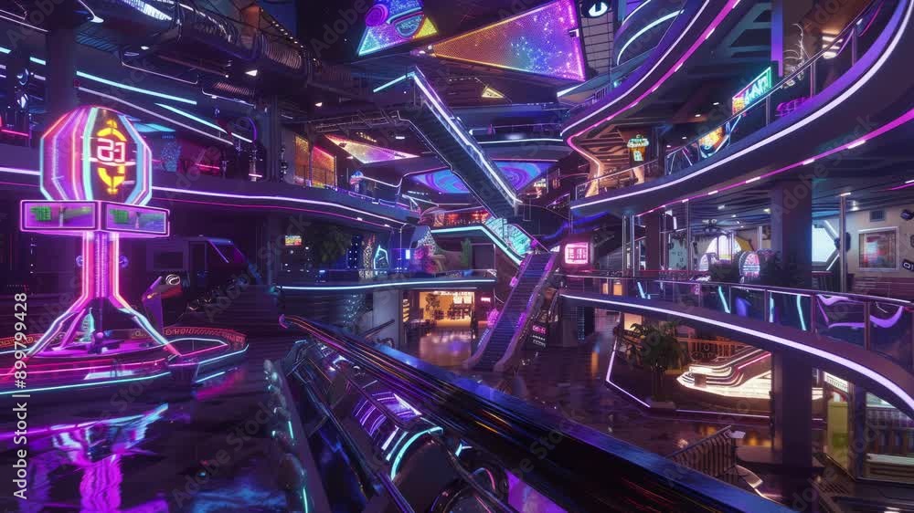 Neon-lit synthwave amusement park with glowing rides and retro ...