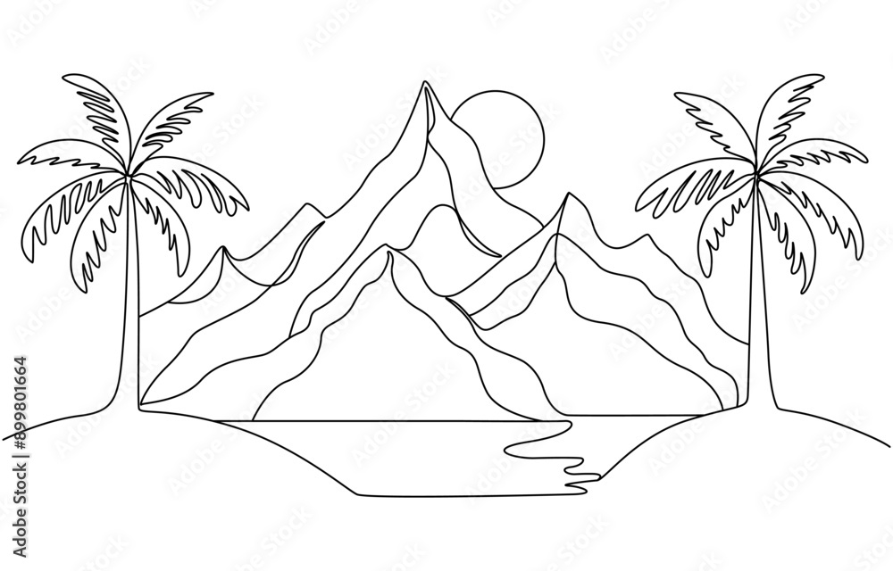 Tropics oasis island line drawing. Abstract tropical landscape ...