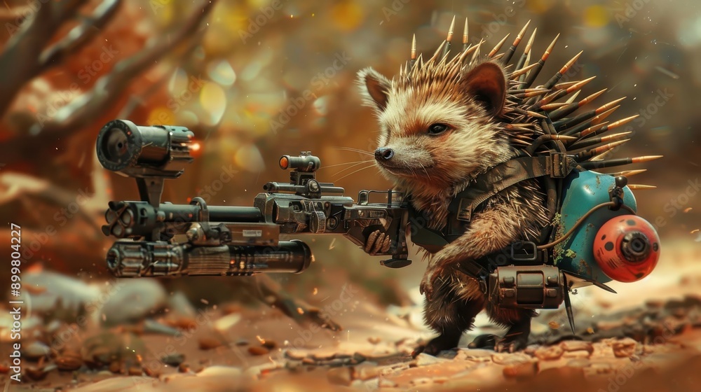 Stylized anthropomorphic hedgehog in a combat stance, equipped with a ...