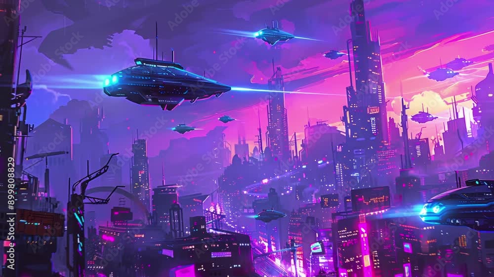 Synthwave futuristic city with neon-lit buildings and hover vehicles ...