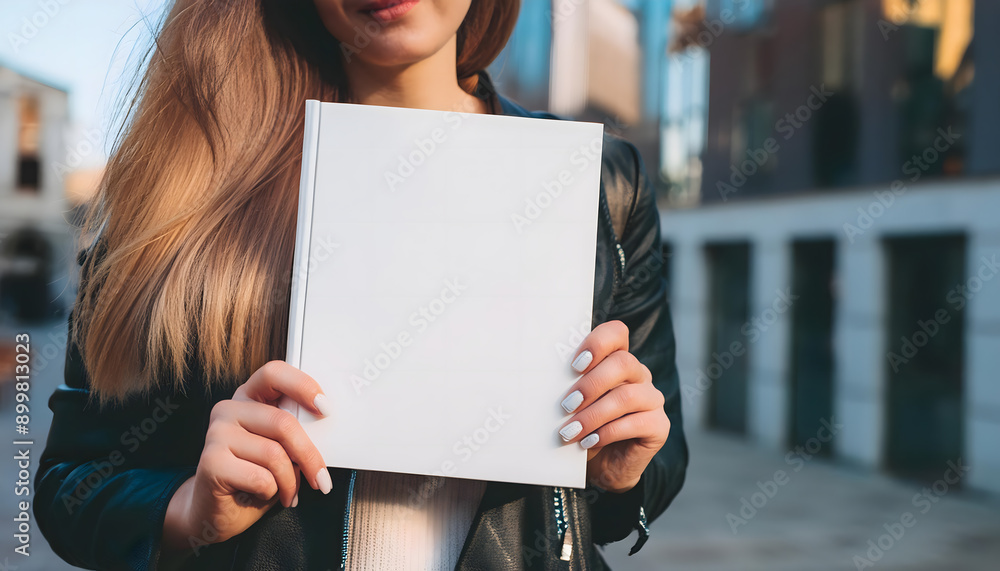 Young woman holds in hand the magazine model the A4 format with a blank ...
