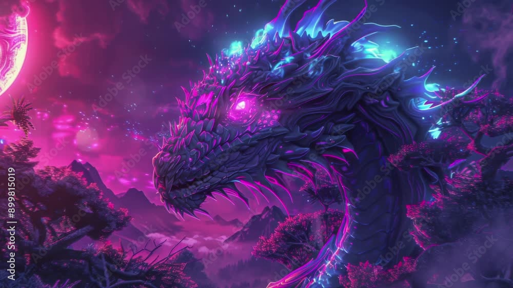 Mythical creatures in synthwave style with neon features and glowing ...