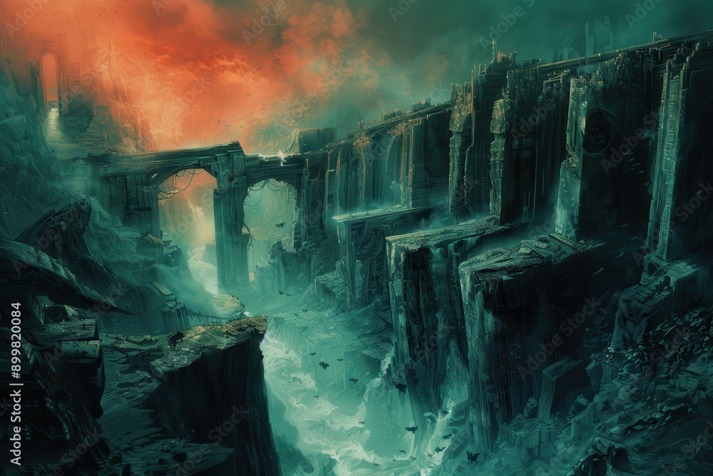 Ancient citadel ruins in a mysterious chasm with a broken bridge Stock ...