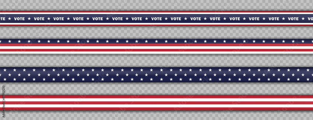 Set of seamless bright realistic ribbons with stripes, stars and text ...