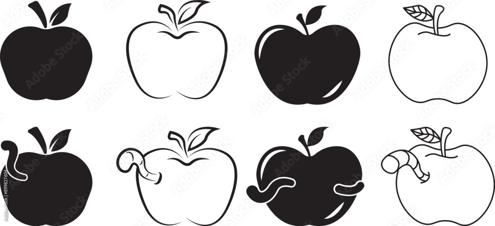Teacher apples. Four styles; Apple with worm; outline silhouette and ...