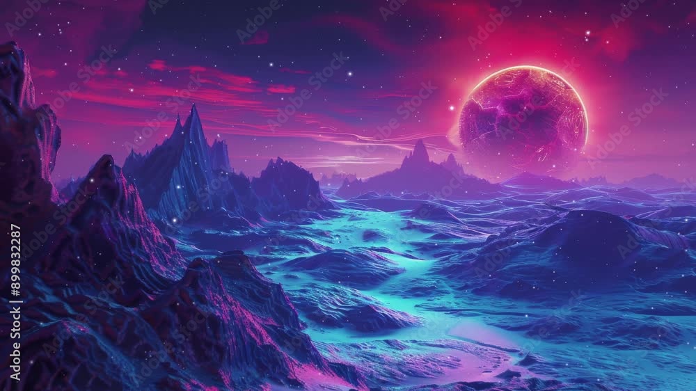 Alien landscapes in synthwave style with neon-lit terrain and a glowing ...