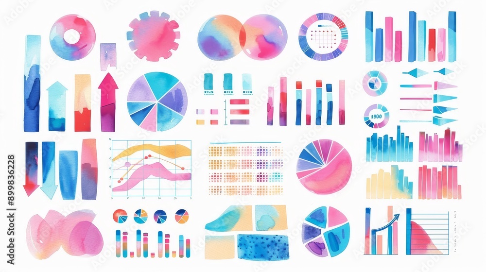 Watercolor charts and graphs represent data visually, featuring pie ...