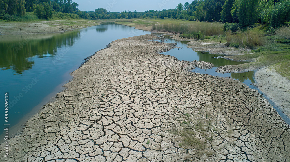 Dried lake and river in hot no-rain summer season parched and cracked ...