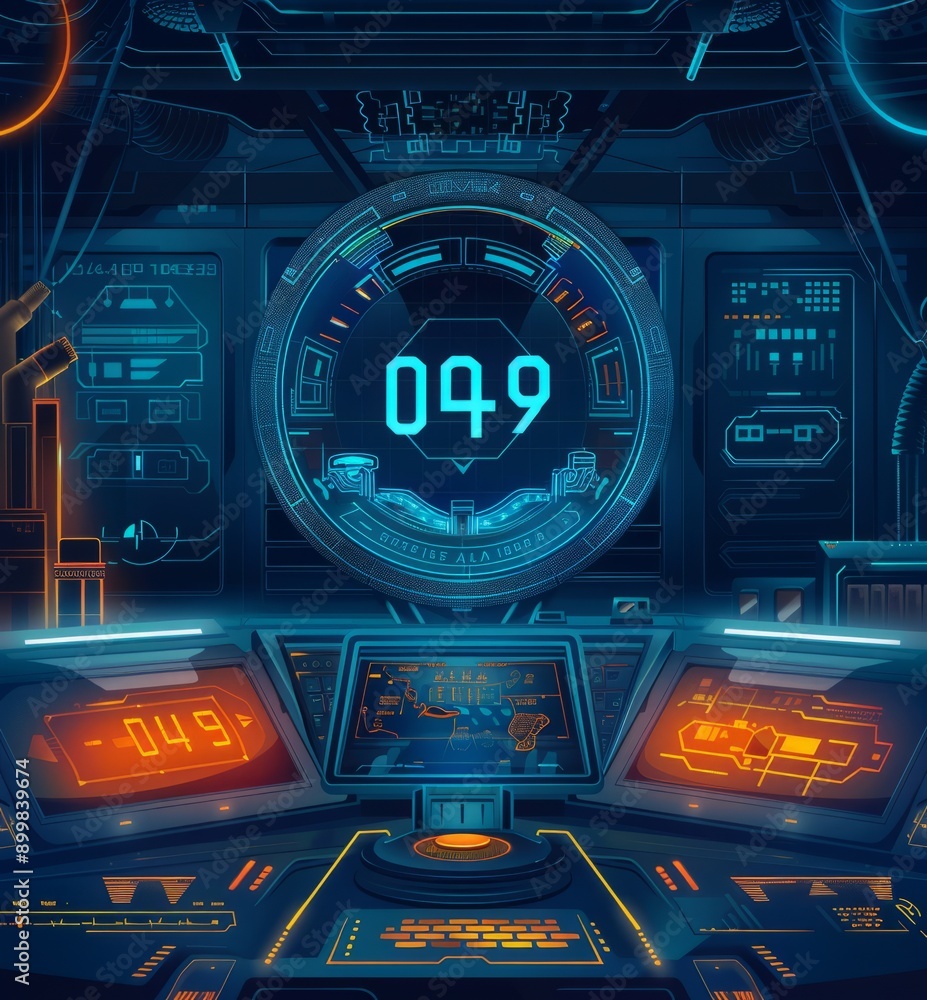 A vector illustration of the control system in an alien spaceship with ...
