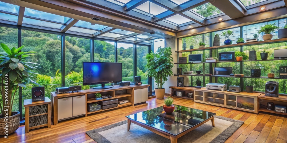 Modern Living Room with Skylight and Entertainment System, Interior ...
