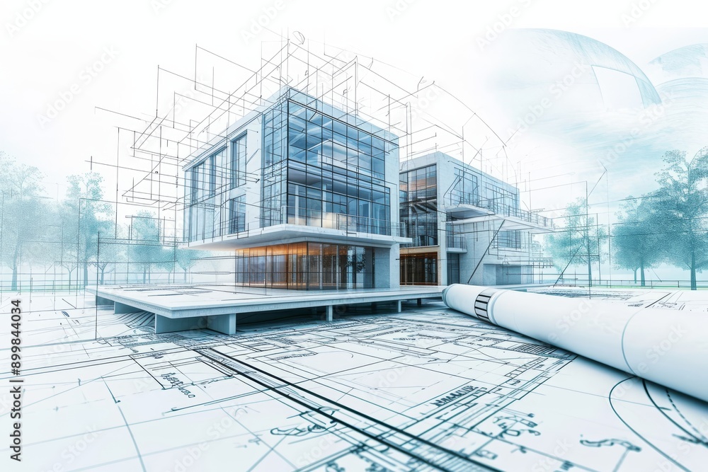 Architectural Drawing of Building on Top of Blueprint, Merging images ...