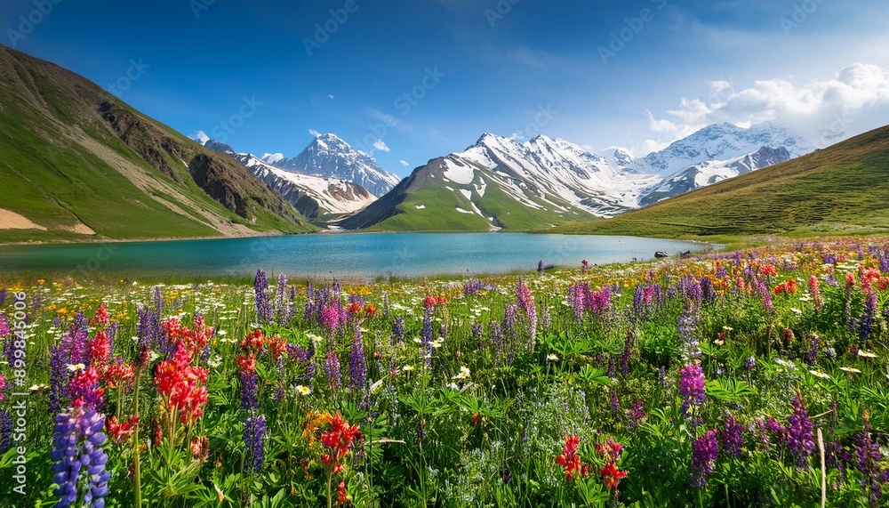 Una extensa pradera verde con flores silvestres de colores brillantes ...