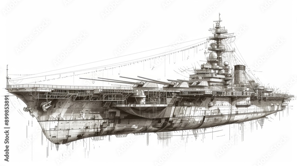 An intricate technical drawing of a modern battleship, rendered in ...
