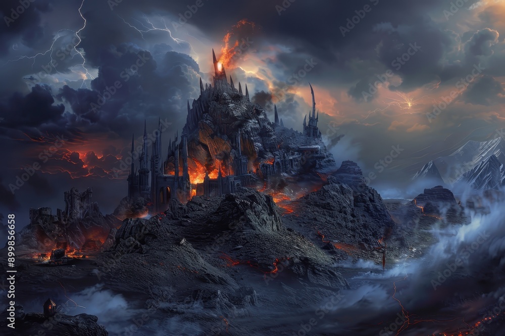 Dark Fantasy Castle Erupts with Fire and Lightning Stock Illustration ...