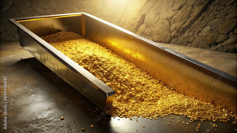 Gold mine with gold dust in trough at a tilted angle, investment, shiny ...