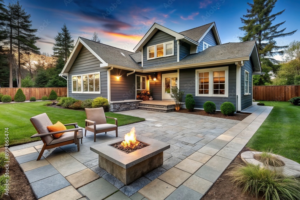 Craftsman style house in cool slate color with backyard fire table and ...