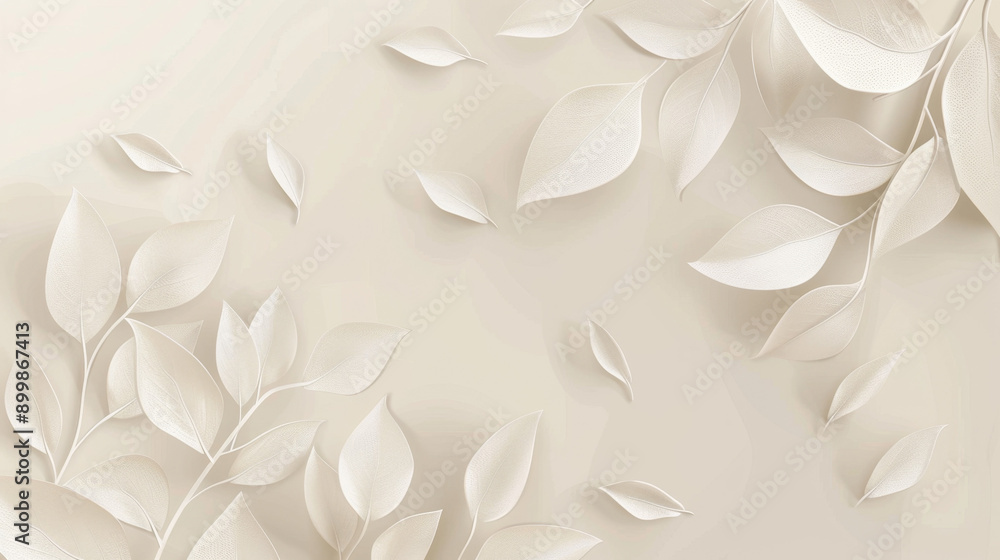 3D beige background with white leaves, white paper texture, elegant ...