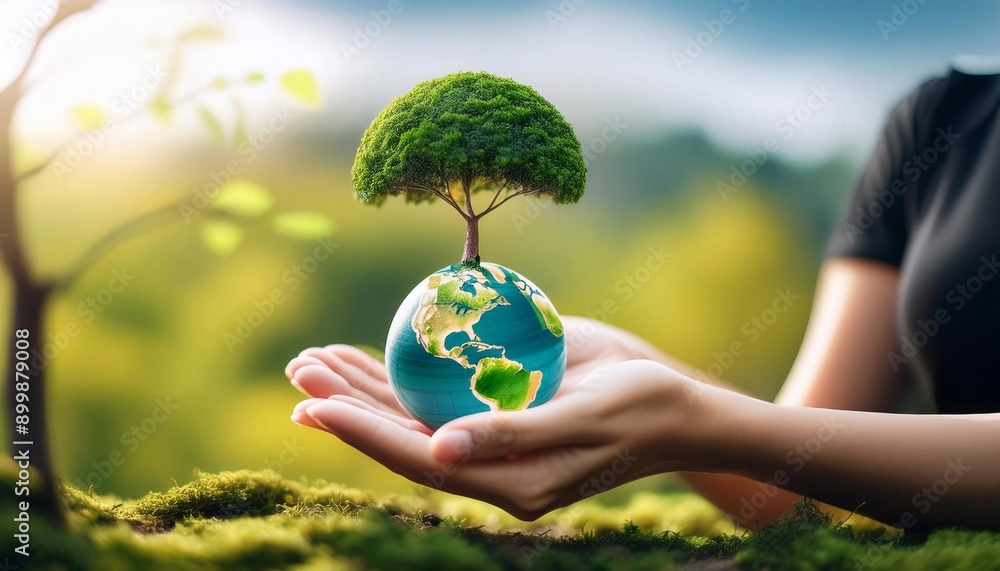 Hand of human holding Crystal globe ball with tree for ESG, co2, and ...