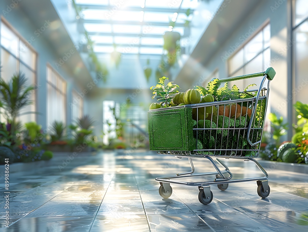 Foto de Green shopping cart with eco-friendly materials, positioned ...