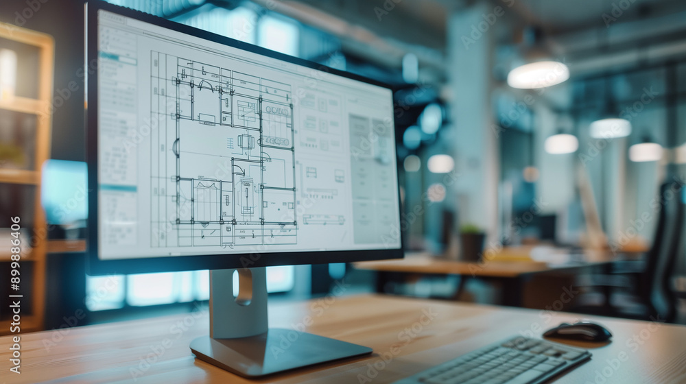 A monitor screen placed on the desk displays a technical drawing of an ...