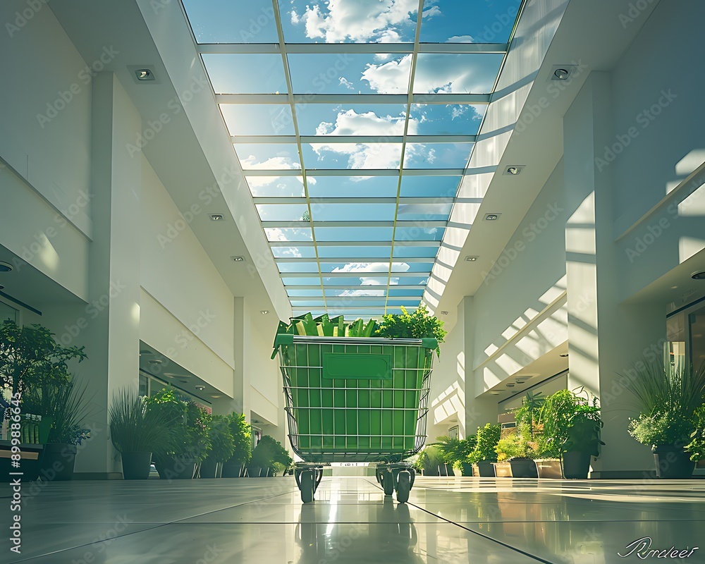 Green shopping cart with a modern twist, placed under the skylight of a ...