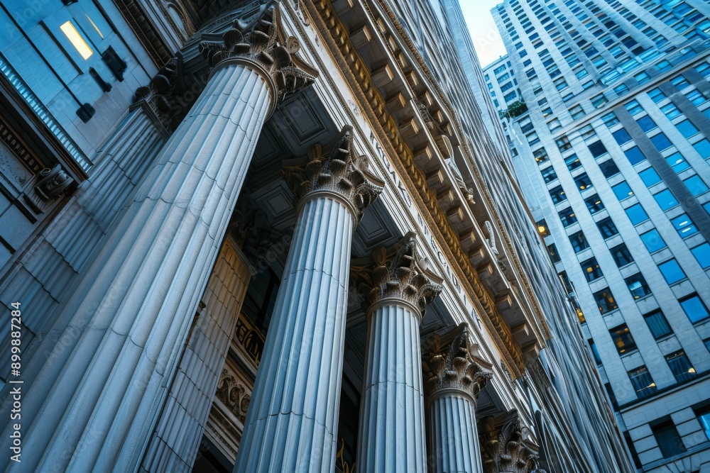 This photo captures a towering building with tall columns standing ...