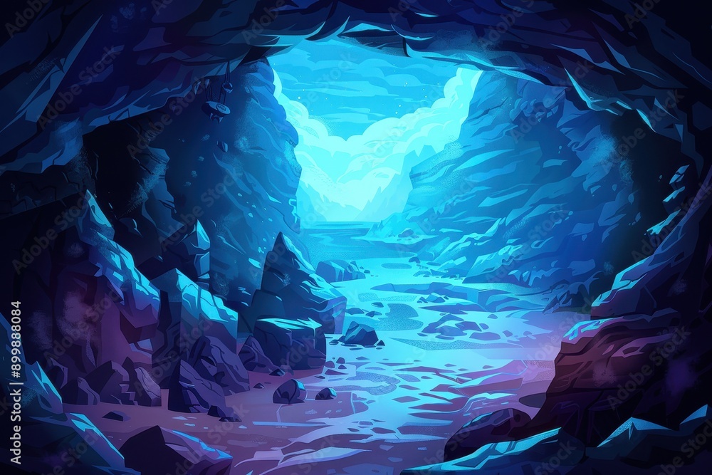 Mystical blue cave entrance with glowing water and distant starry sky ...