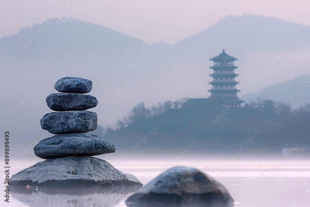 Serene Stone Stack with Pagoda in Misty Background - Peaceful image of ...