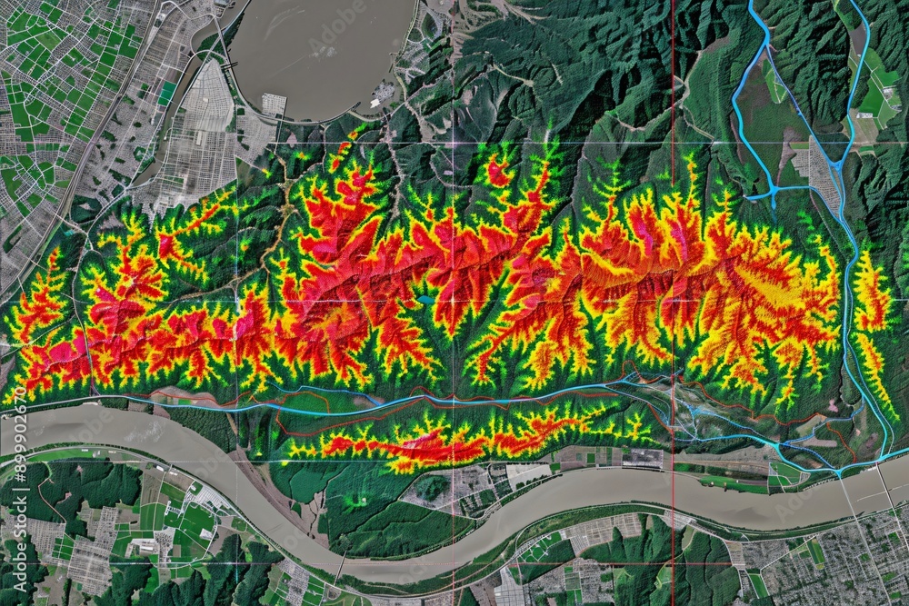 Colorful gis map showing elevation, land use, and population density ...