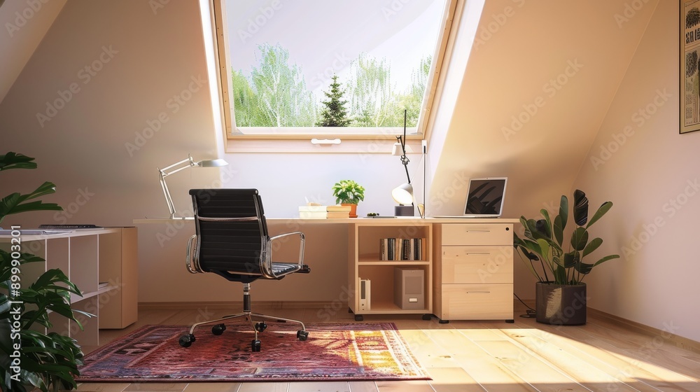 Remote work in a bright attic office. Featuring a skylight, desk, and ...