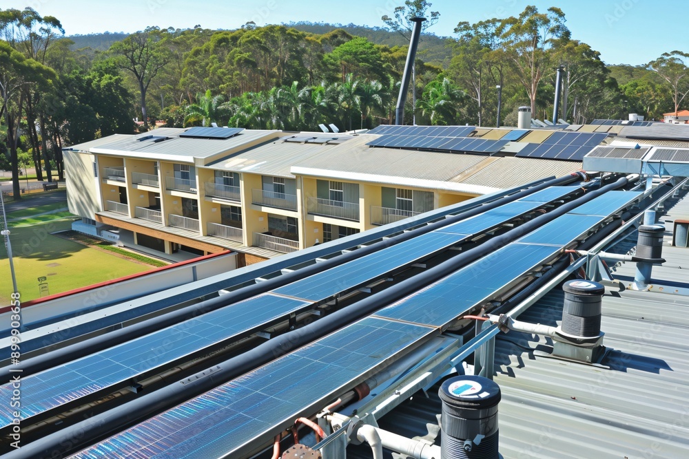 Solar panels installed on a building roof providing renewable energy ...