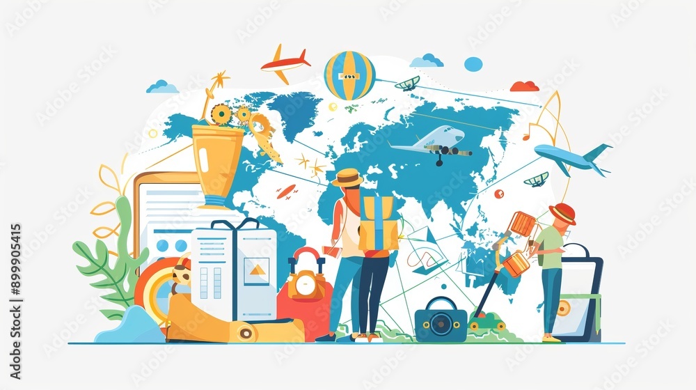 Travel app hand drawn composition, planning a trip online, cartoon ...