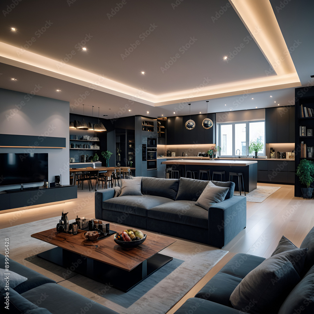 a view of a living room with a couch, chairs, a table, and a television ...