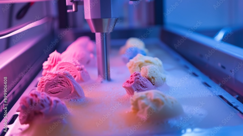 Robotic machines on an ice cream production line dispense colorful ...