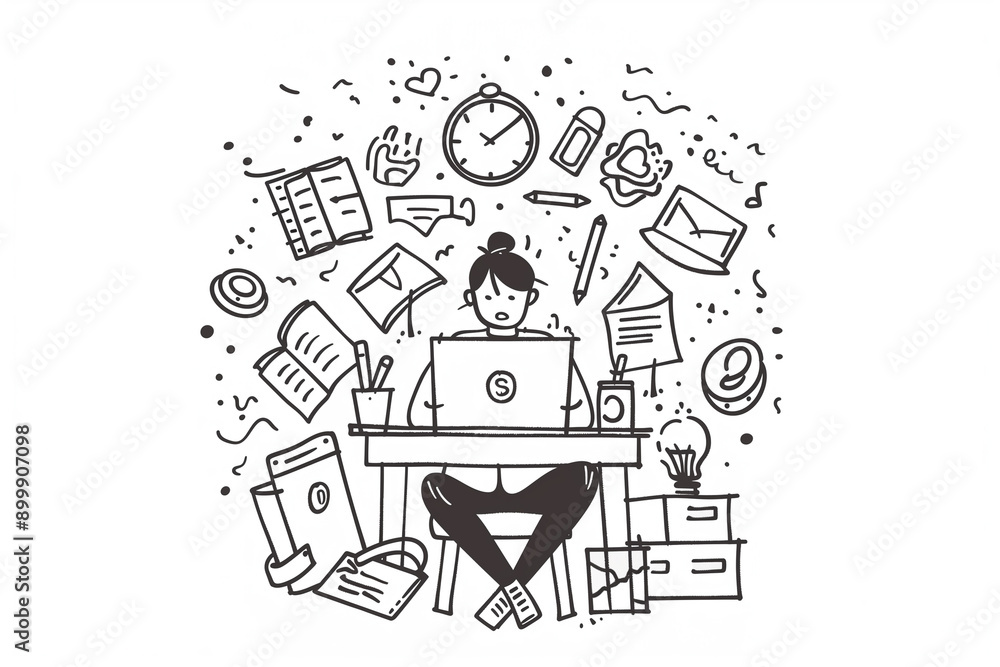 Minimalist line art illustration of a person struggling with work-life ...