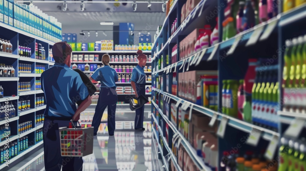 Retail workers stocking shelves in a store. Featuring various products ...