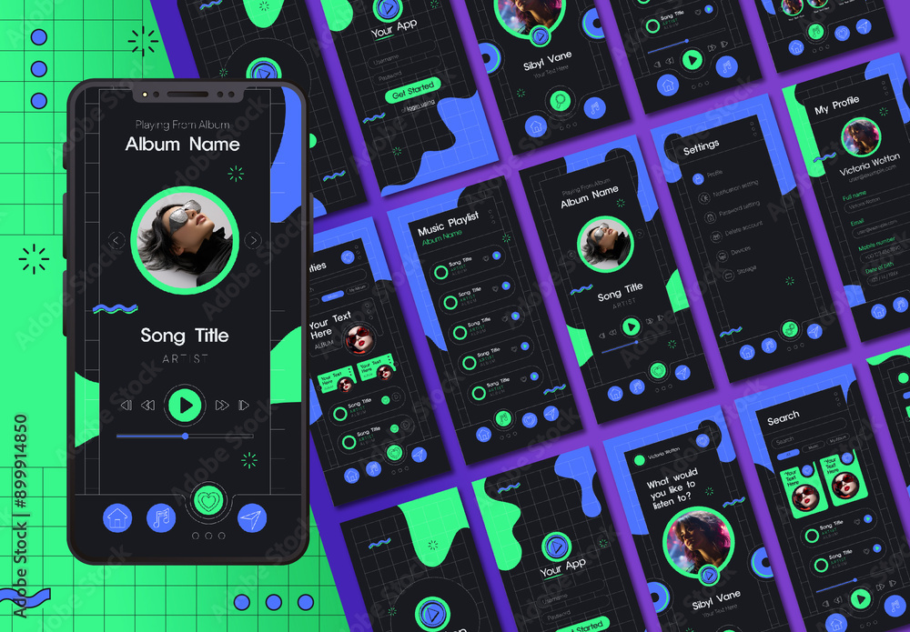 Black and Green Music Mobile App Smartphone Interface Vector Templates ...