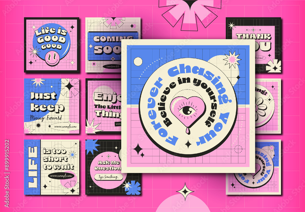 Pink and Blue Retro Aesthetic Social Media Post Set Stock Template ...
