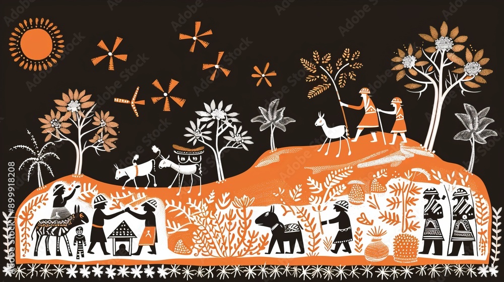 Indian rural life in art painting. Warli painting showing Tribal ...